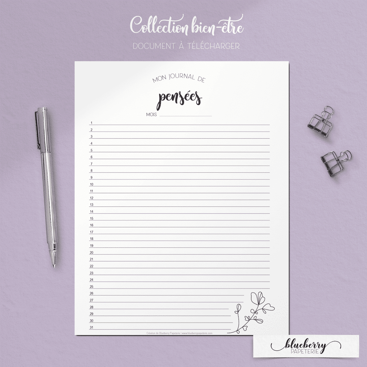 Fiche à télécharger- Journal de pensées – Blueberry Papeterie
